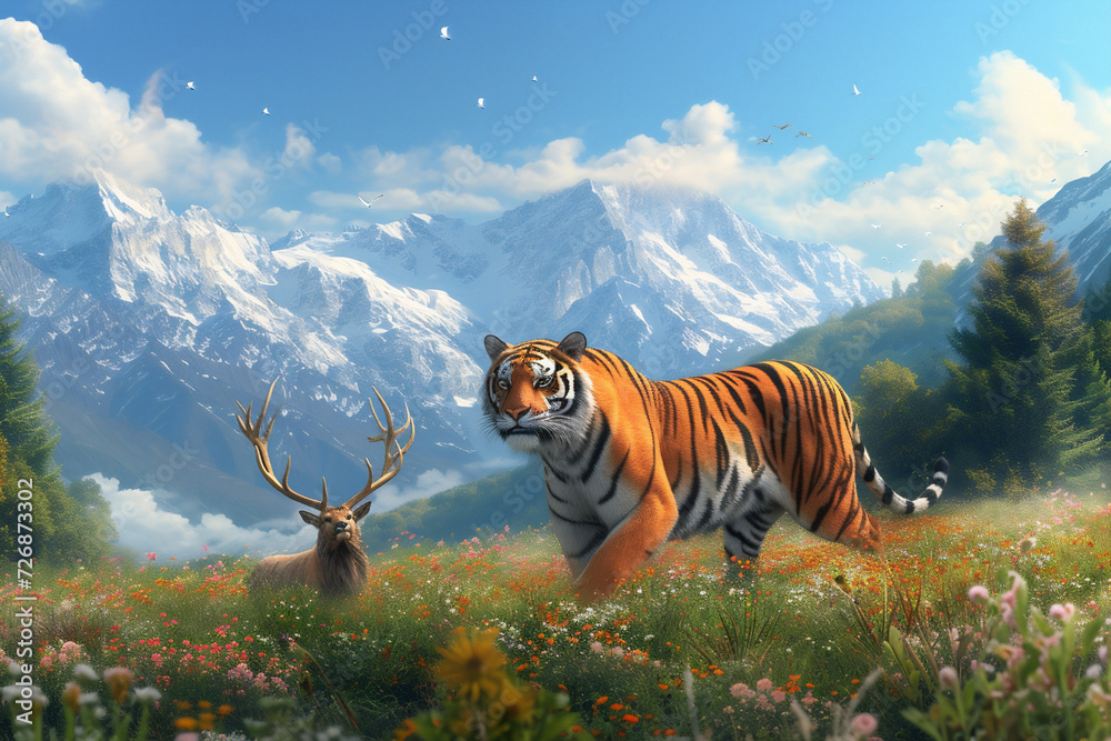 illustration of a walking tiger and deer, a symbol of peace and truce ...