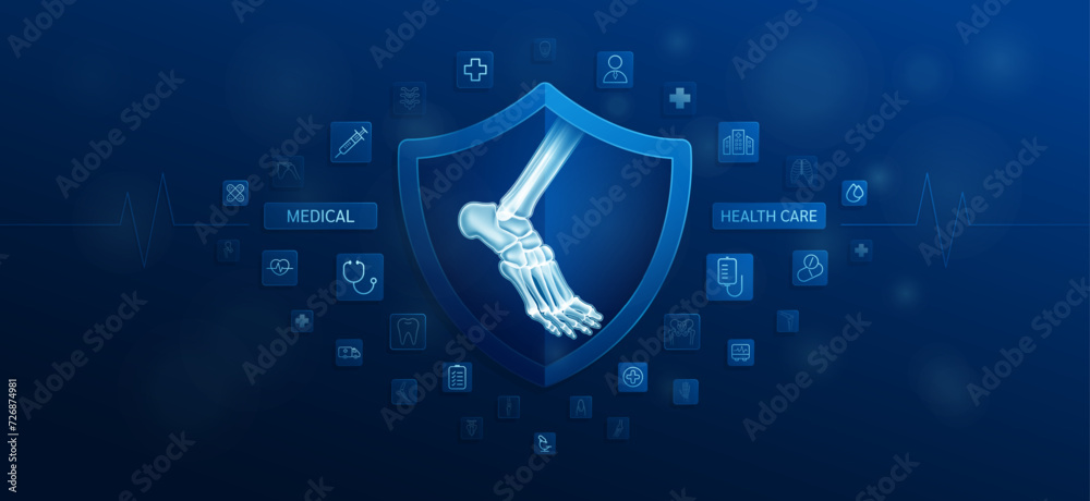 Medical health care. Ankle joint bone inside shield and medical ...
