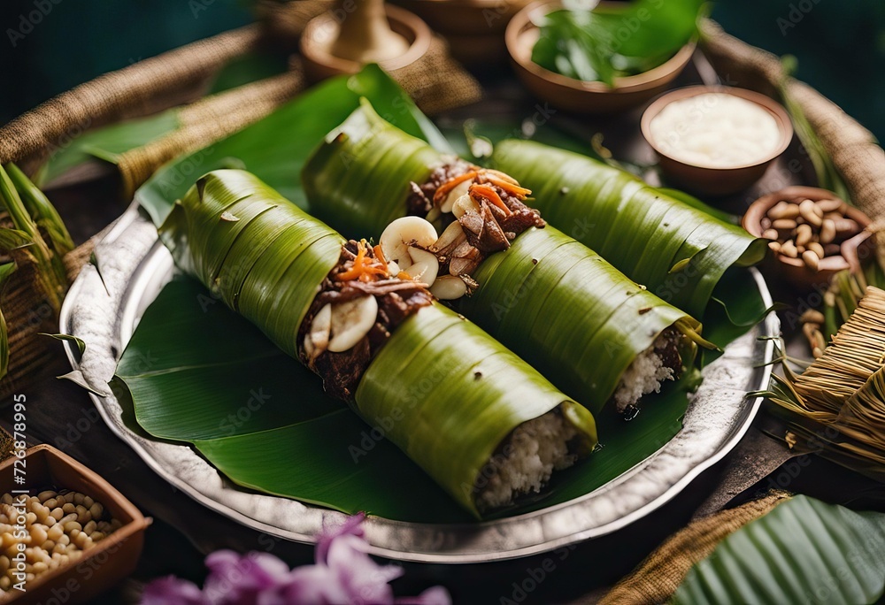 Steamed snack pan hari celebration wrapped Ketan banana leaves ...