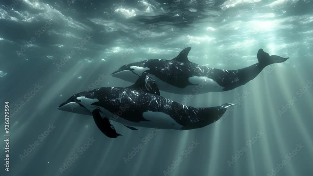 Vidéo Stock A group of three whales gracefully floating in a triangular formation fins up in the ...