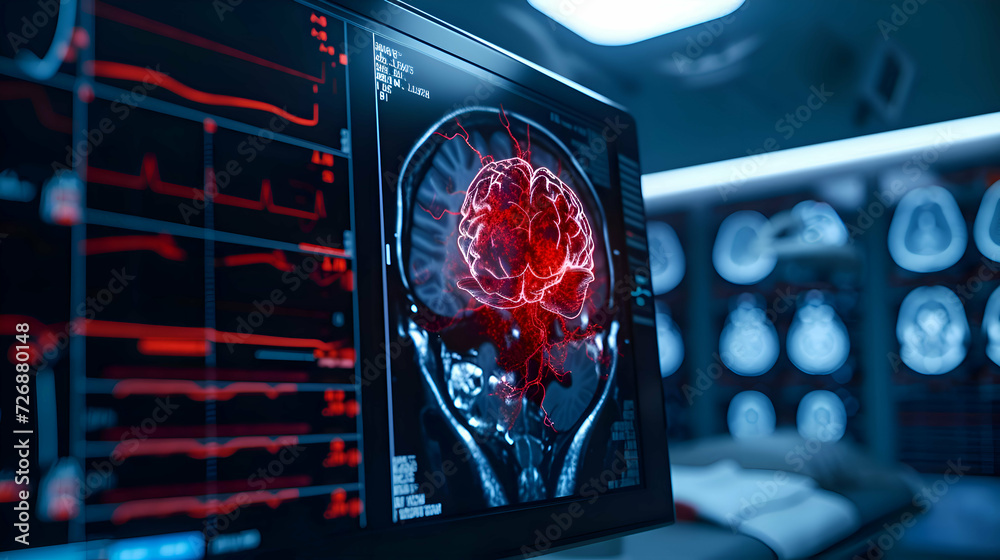 X ray image of brain in computer. Stroke patient brian damaged affected ...