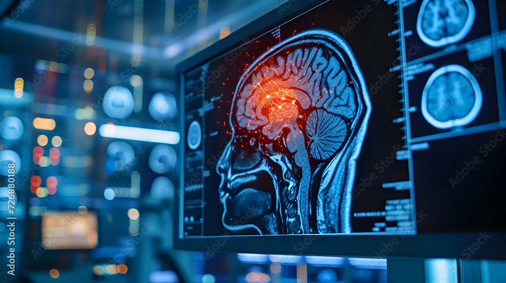 X ray image of brain in computer. Stroke patient brian damaged affected ...