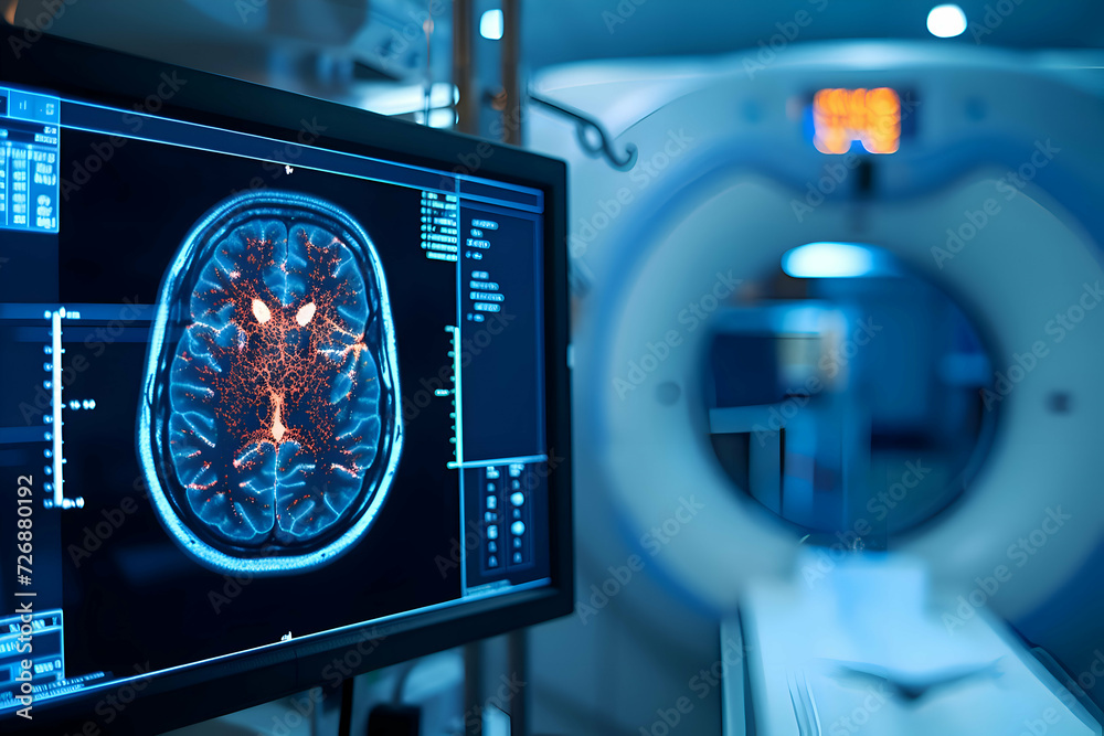 X ray image of brain in computer. Stroke patient brian damaged affected ...