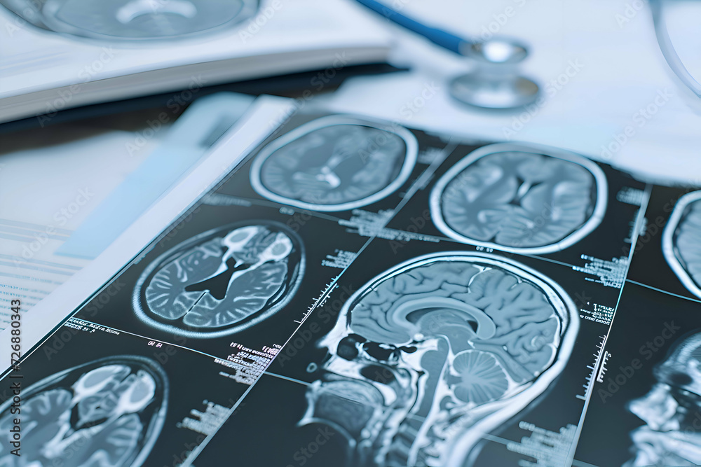 An illustration of a picture of Mri brain scan on the table. Mri ...