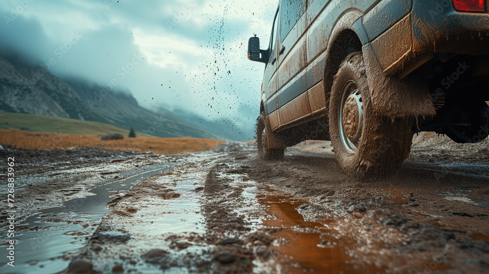 The off-road motorhome van wheel, covered in mud, spun rapidly as the ...