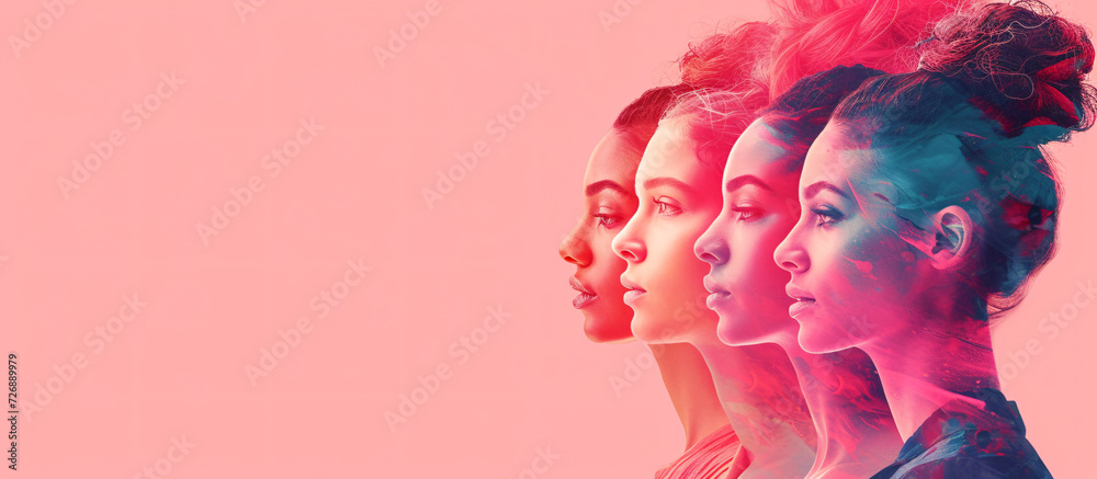 Women's Day banner with profiles of diverse women on a pastel pink ...