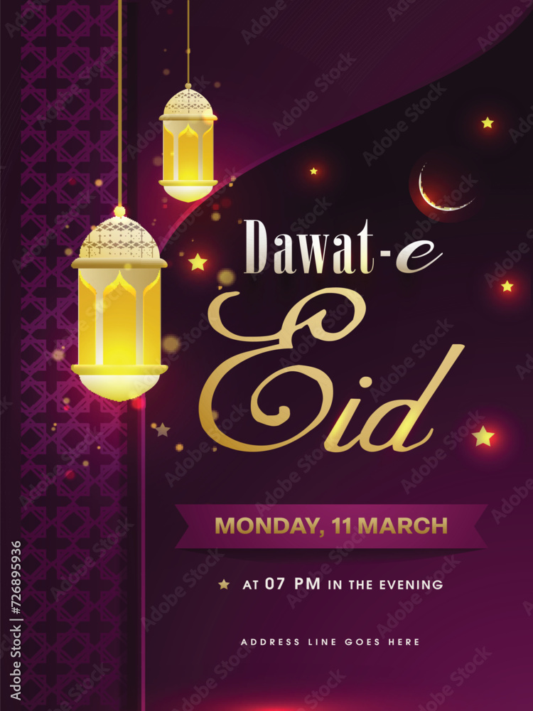 Dawat-E-Eid Invitation Card or Flyer Design with Illuminated Lamps Hang ...