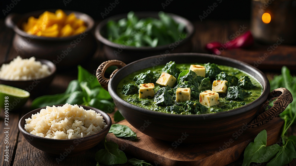 Palak Paneer to life on a dark, textured wooden surface with depth of ...