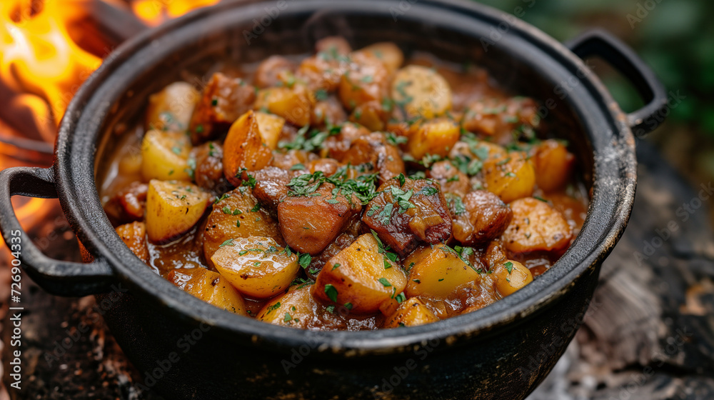 One pot meal simmering on a camp site inside cast iron container. Stock ...