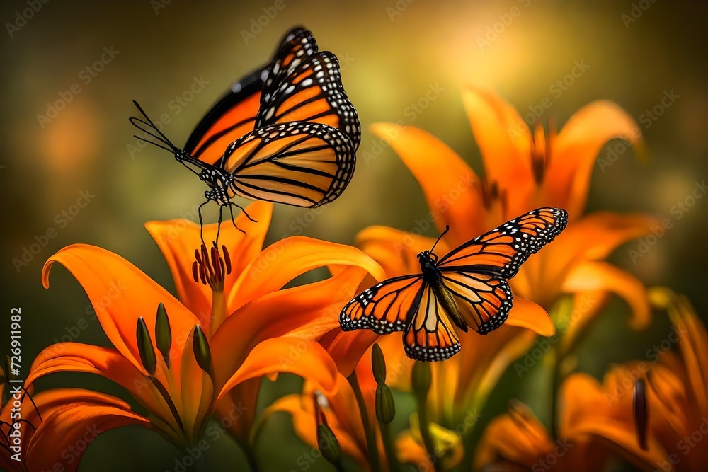 Blurred orange lilies with refracted light background and Monarch ...