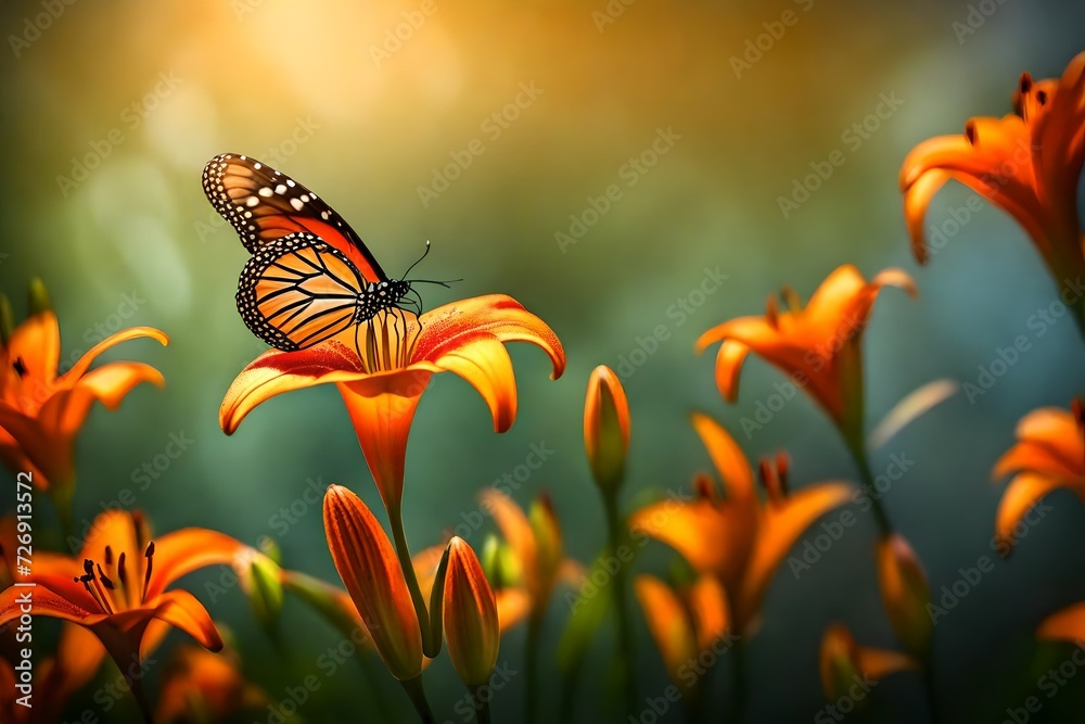 Blurred orange lilies with refracted light background and Monarch ...