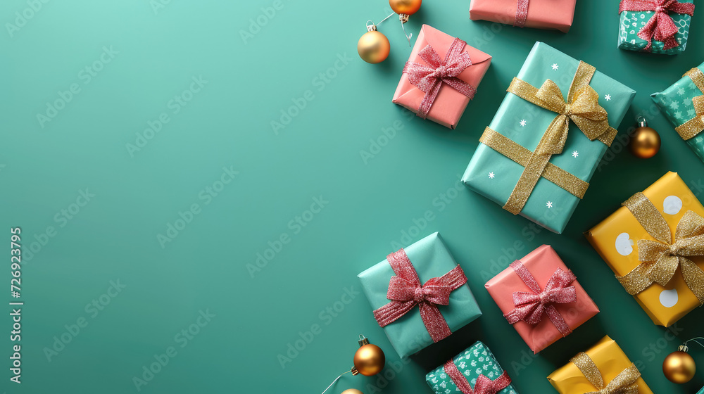 card with random colors gift boxes on green background arranged in a ...