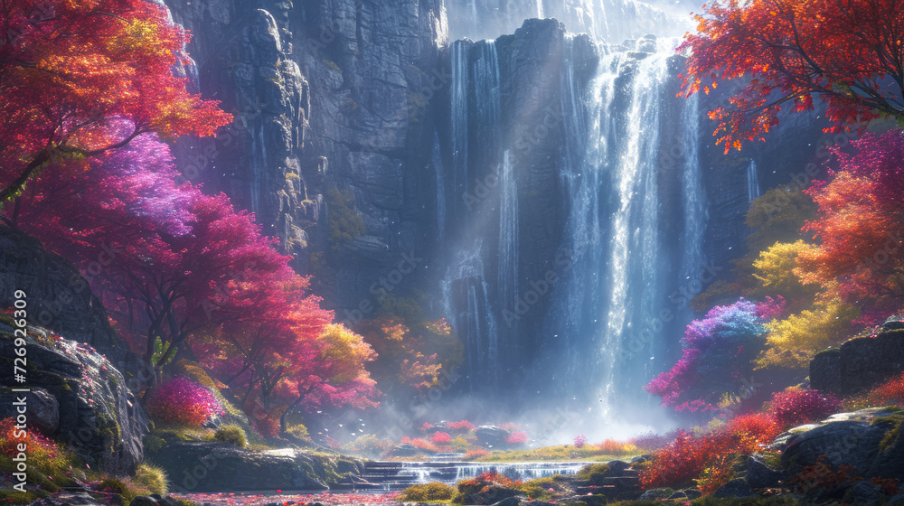 A splash of water from a waterfall catches the sunlight, creating a ...