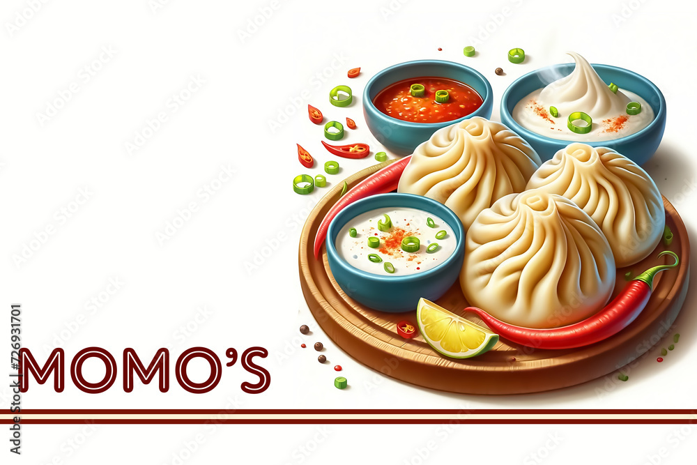 Authentic Chinese Delight: Colorful Momos Illustration with Sauce in ...