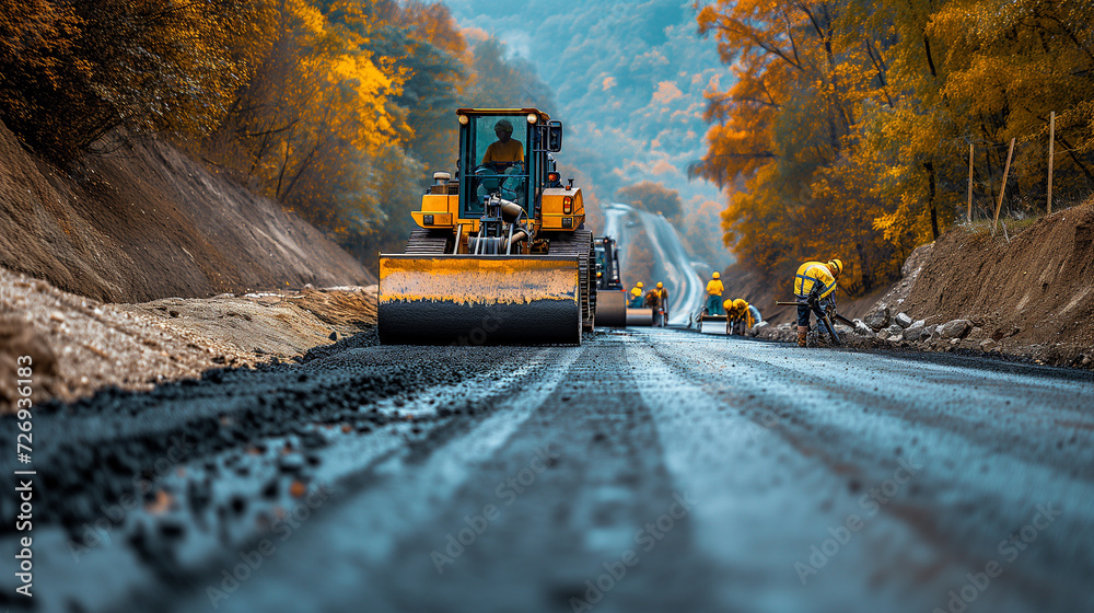 Road repaving construction work. Roadwork bulldozers and compactor ...