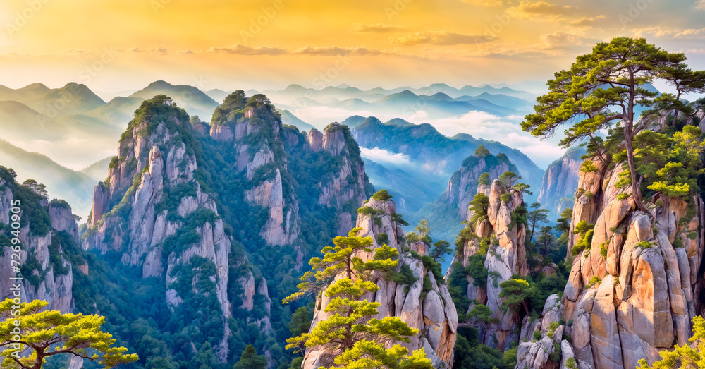 A painting of a mountain range with a few clouds and a blue sky. The ...