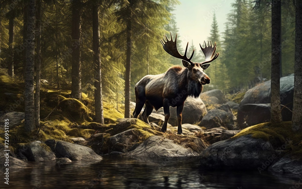 realistic photo of Moose in the forest among trees and rocks ...