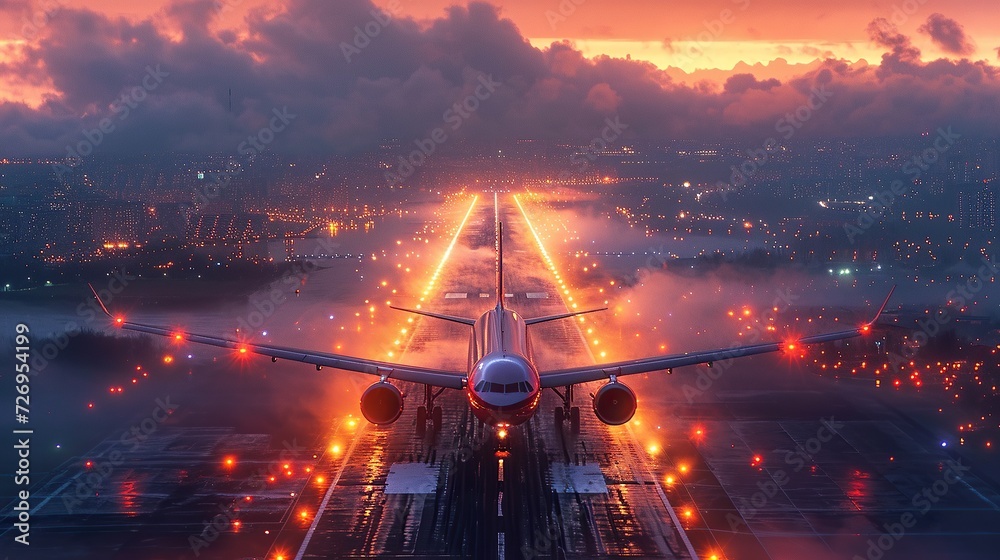 Glow of the runway guides the plane, a beacon in the night Stock ...