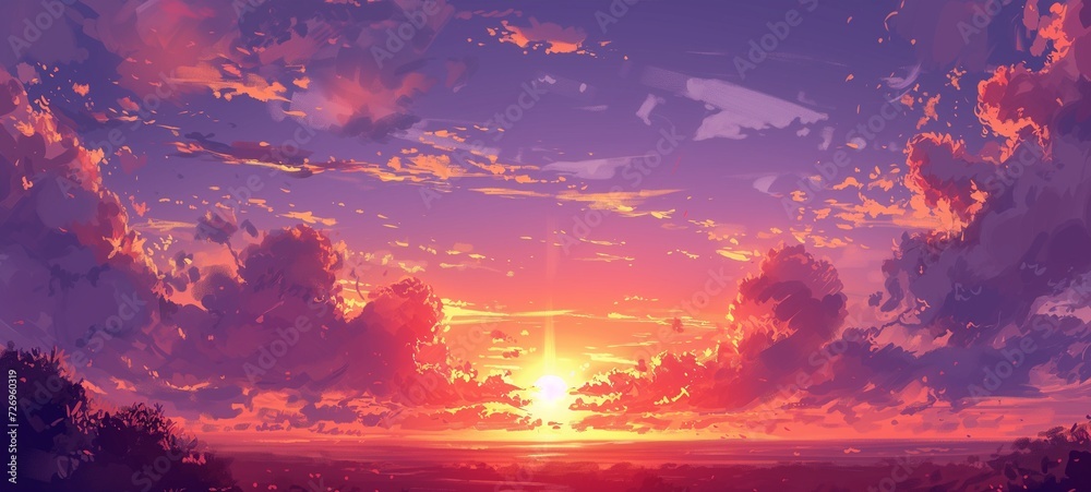 Dramatic anime-style art capturing a vibrant sunset with bold, textured ...