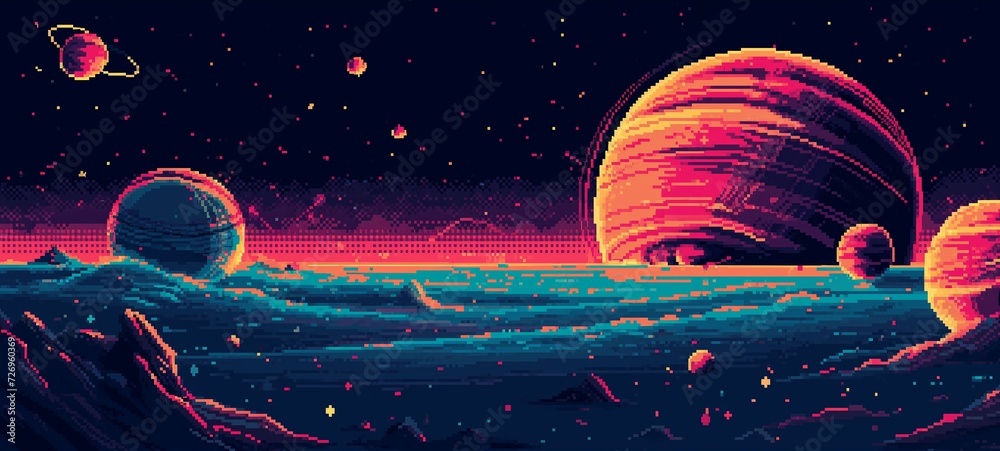 Retro 8-bit pixel art capturing a vibrant cosmic scene with sunset-hued ...