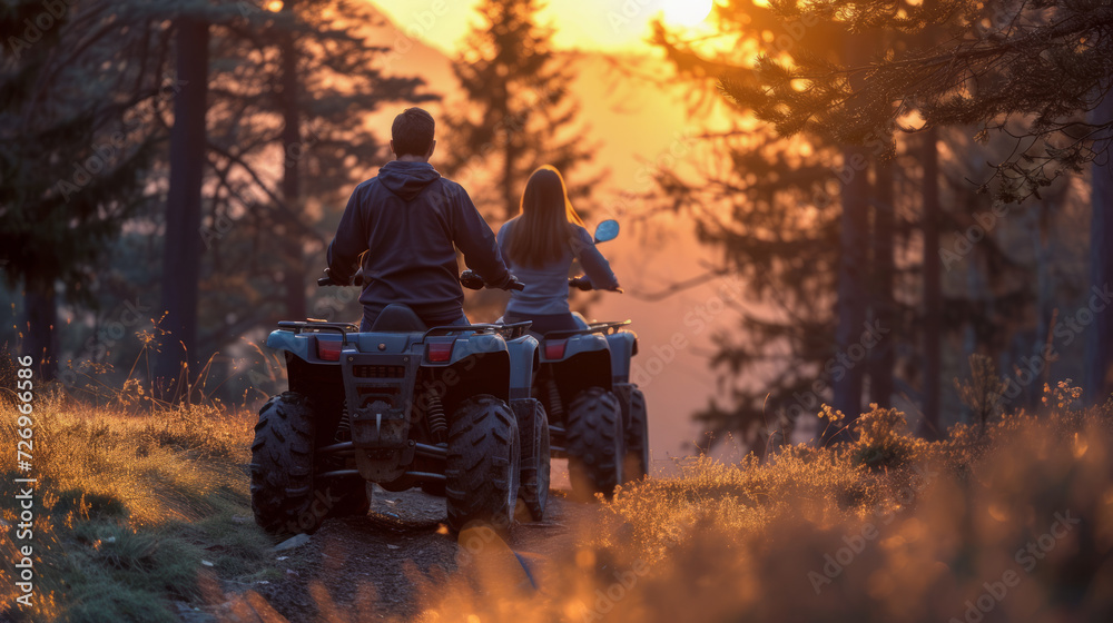 Young couple on a off road adventure excursion outside. Off-road quad ...