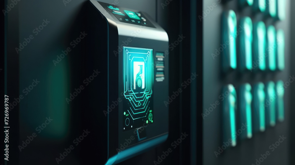 Fingerprint scanning access control machine on the wall near the office ...