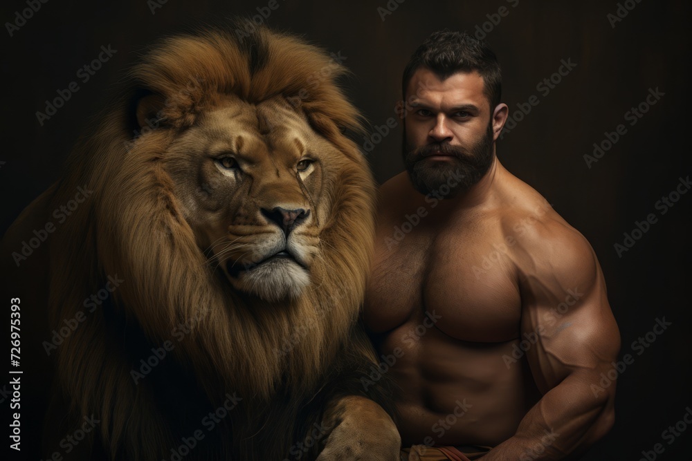 mature bodybuilder and a lion, a joint portrait. people and animals ...
