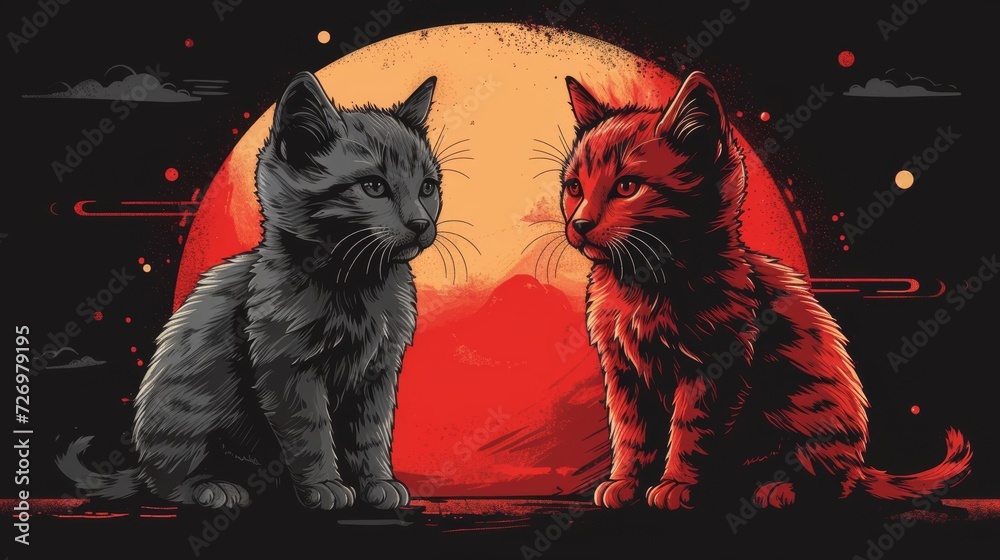 Two stylized cats gaze curiously under a dramatic red sky with rising ...