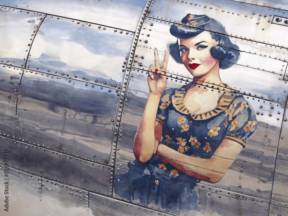 Water colour Illustration of vintage World War 2 Bomber Girl Pinup Girl Nose Art painted on the ...