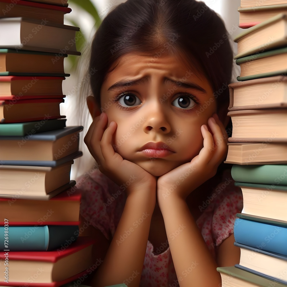 Confused kid child looking between stacks of books, concept of ...
