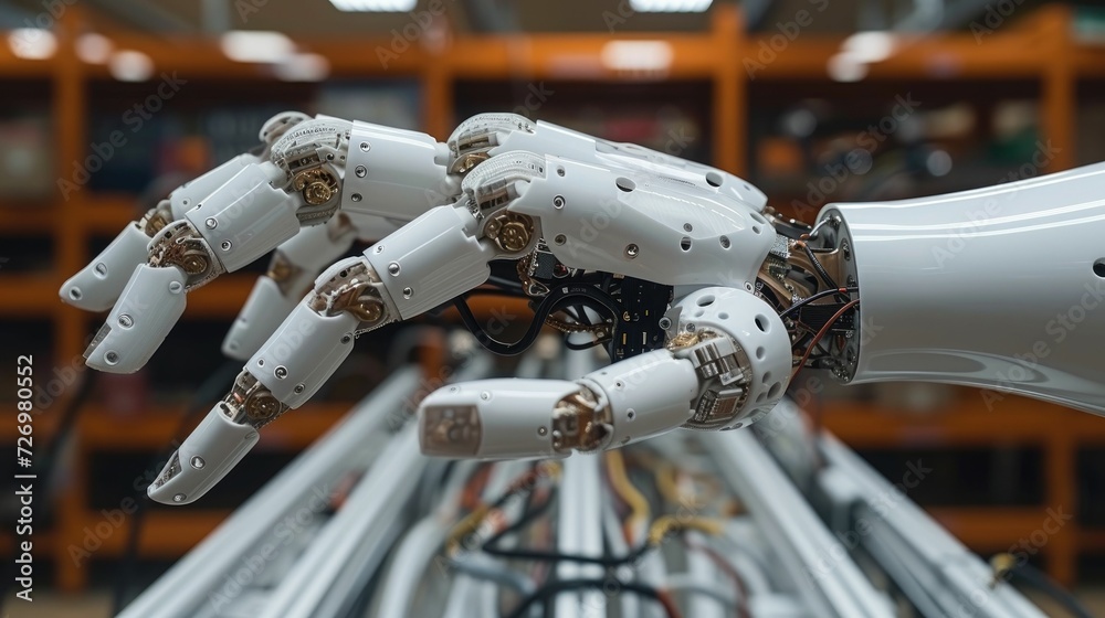 a robotic arm's joints and wiring, focusing on the mechanical design ...