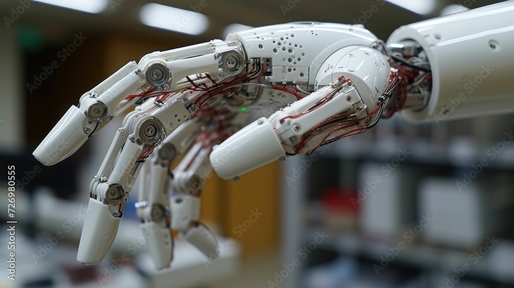 Foto de a robotic arm's joints and wiring, focusing on the mechanical ...