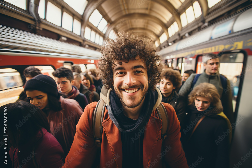A cheerful man with a bright smile stands out among a crowd of ...