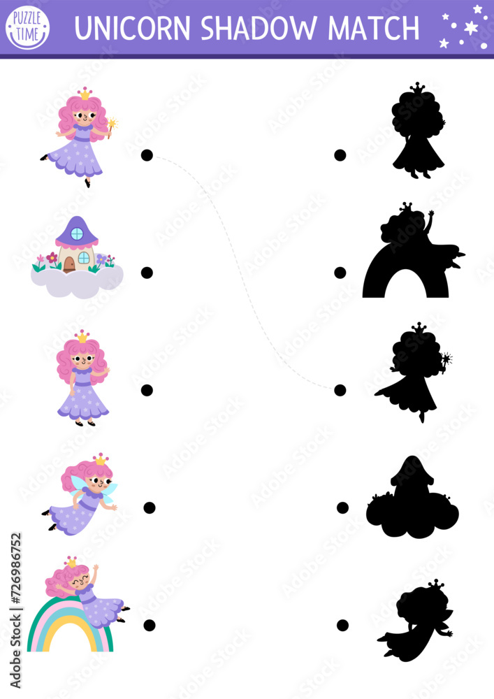 Shadow matching activity with little fairies in purple dress. Magic ...
