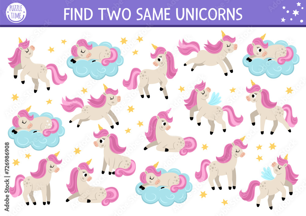 Find two same unicorns. Magic world matching activity for children ...