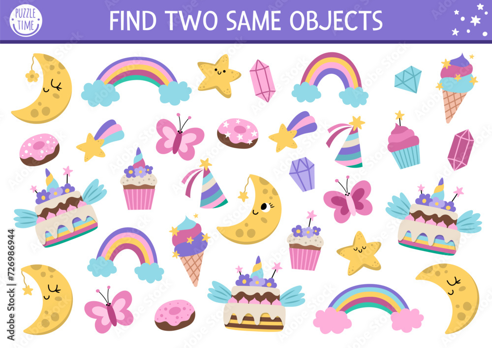Vetor de Find two same objects. Magic world matching activity for ...