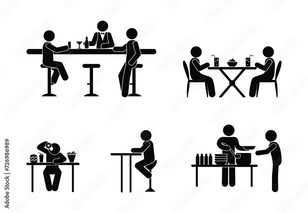 set of illustrations of cafe, bar, people eating in restaurant, stick ...