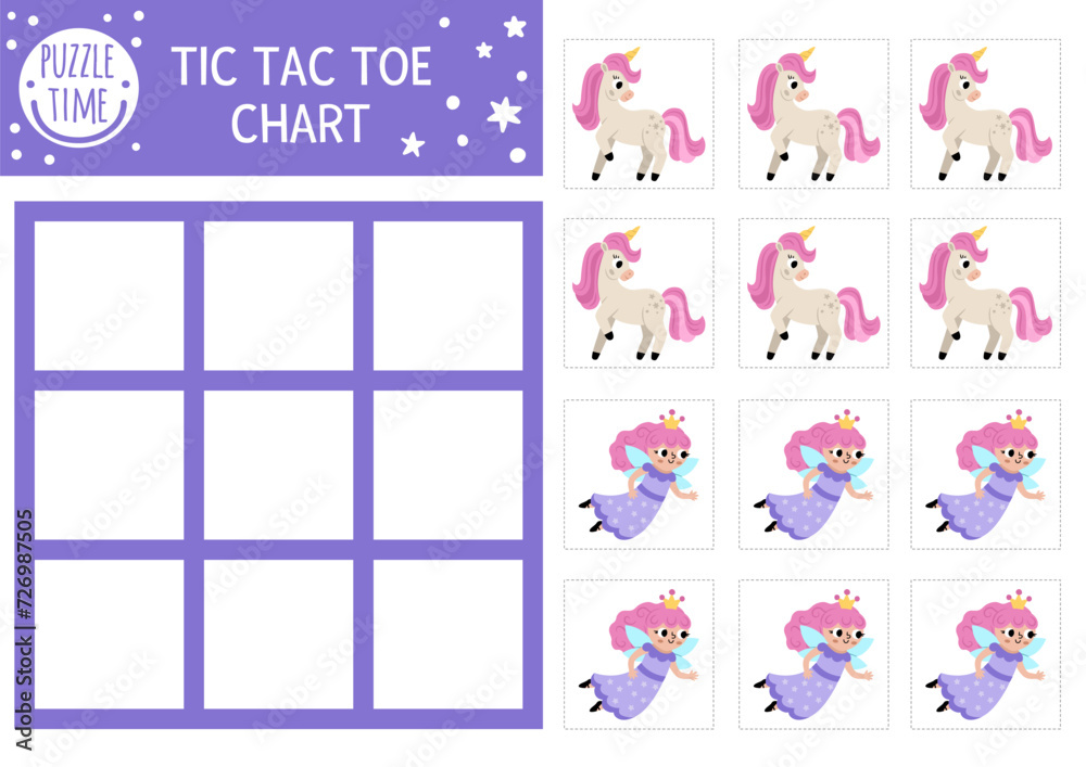 Vector unicorn tic tac toe chart with fairy and horse with horn. Magic ...