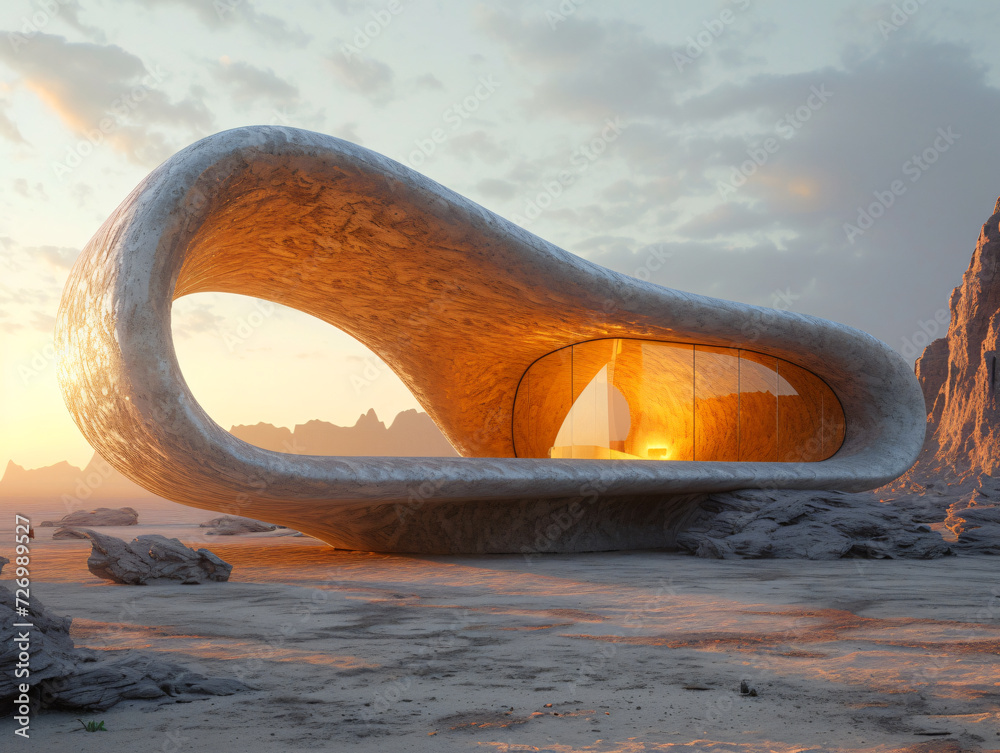 A large, abstract sculpture or building with a circular entrance way ...