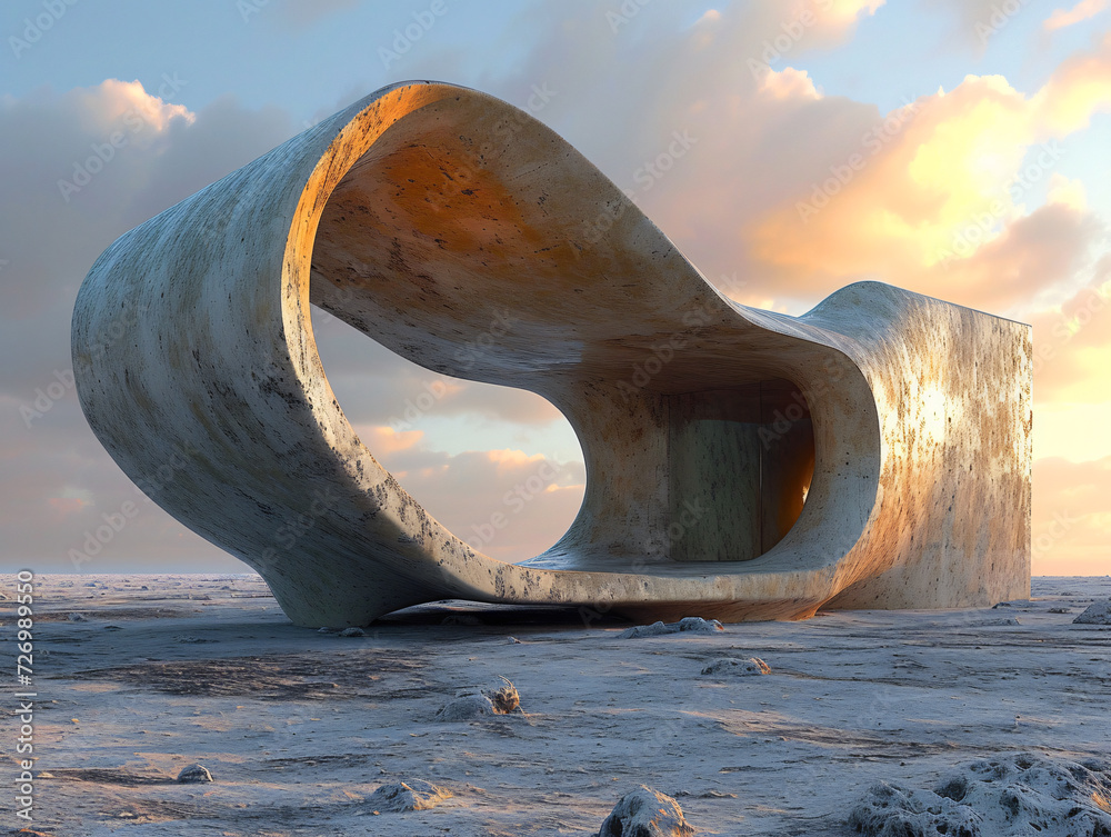 A large, abstract sculpture or building with a circular entrance way ...