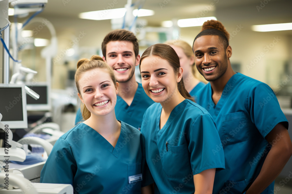 Diverse group of happy healthcare workers in hospital setting Stock ...