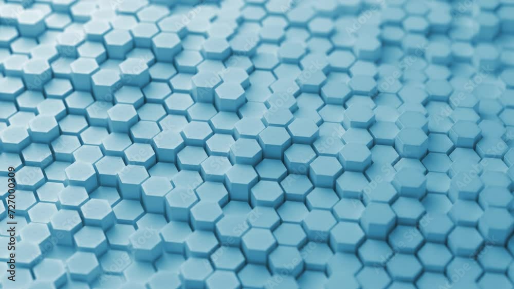 Blue hexagon honeycomb shapes matte surface moving randomly. Bright 3D ...
