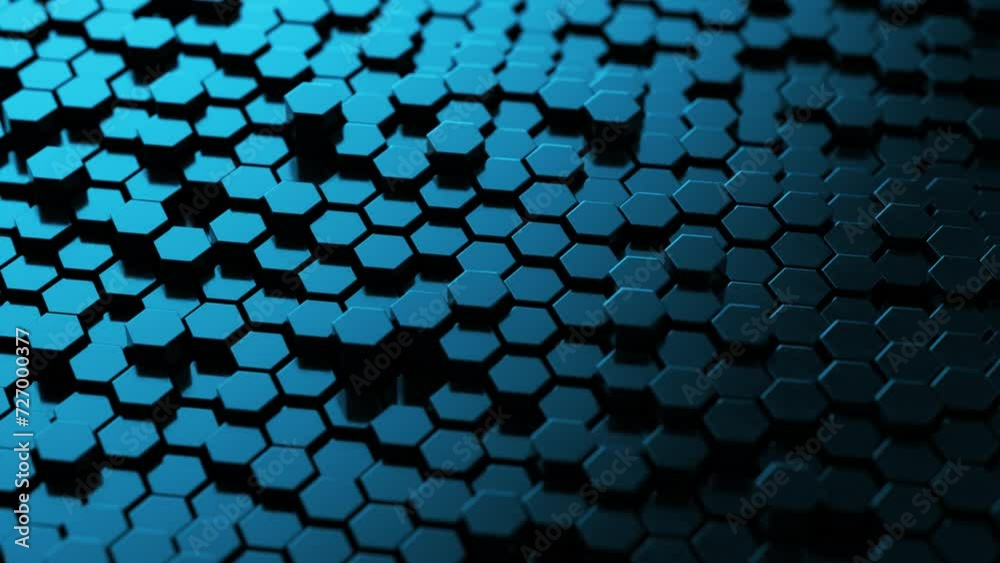 Blue hexagon honeycomb shapes matte surface moving randomly. Bright 3D ...