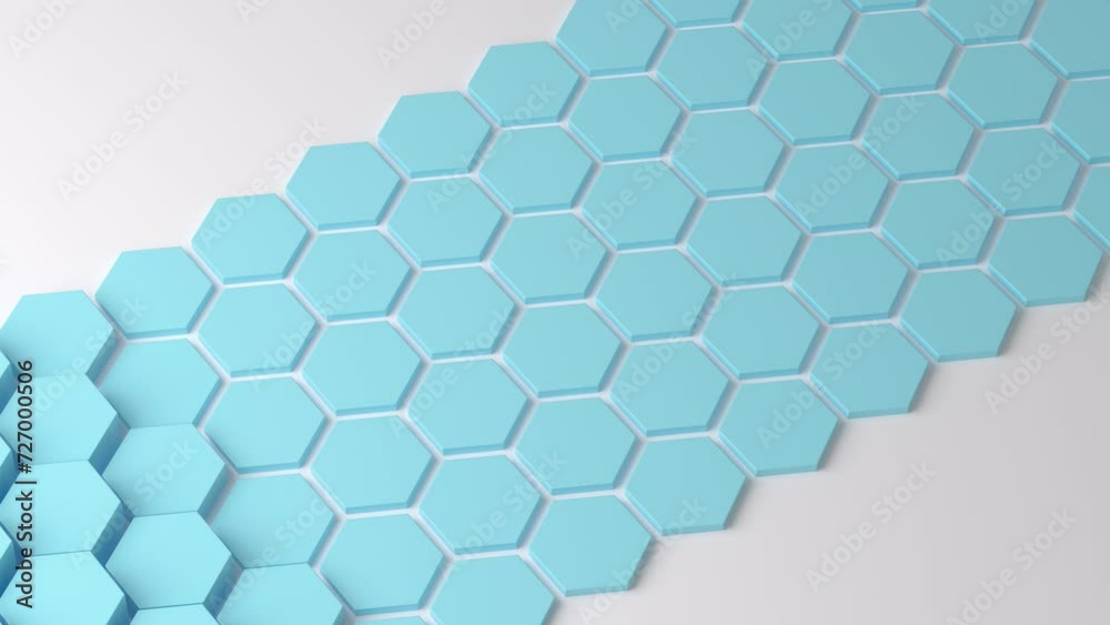 Blue hexagon honeycomb shapes matte surface moving randomly on a white ...