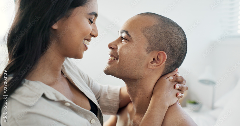 Couple, hug in bed and smile for love and commitment, talking and ...