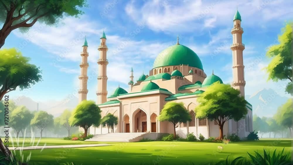 Islamic animation of beautiful mosque building and beautiful trees ...