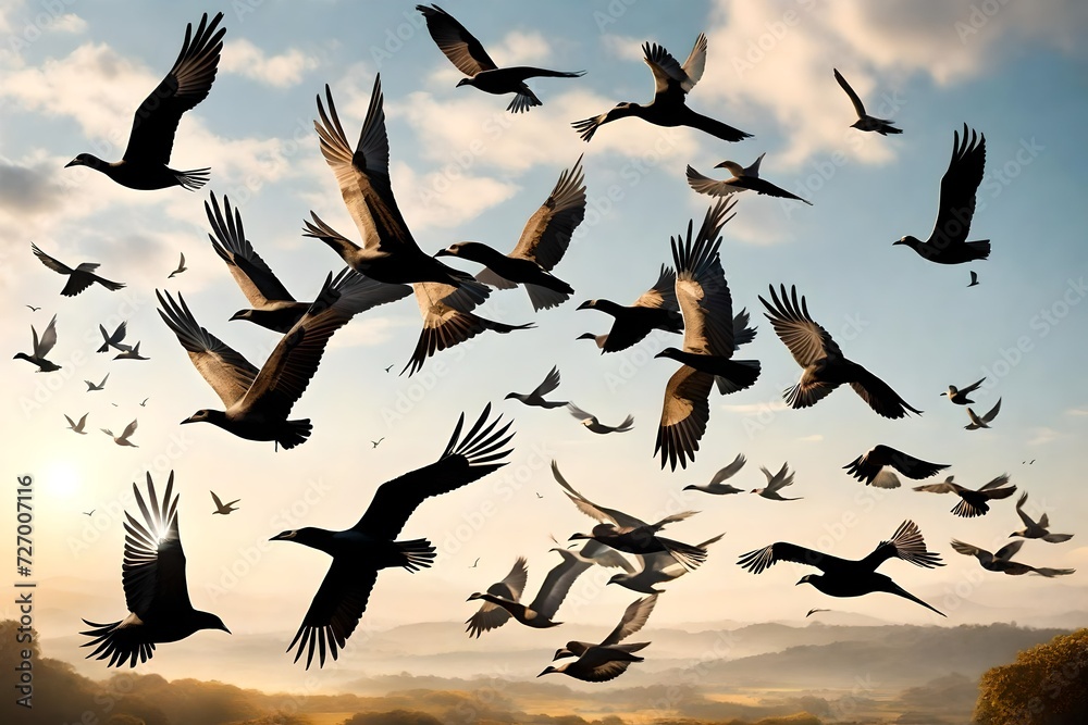Generate an AI-crafted image depicting an amazing spectacle of a flock ...
