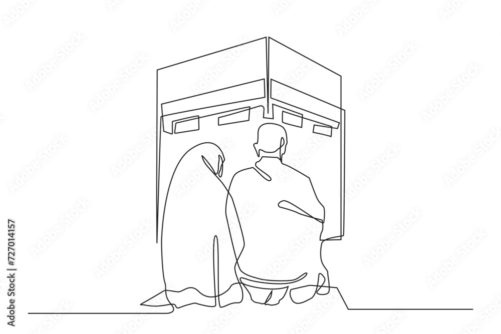 continuous line of man and woman praying at the kaaba.single line art ...