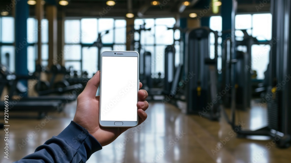 A fitness enthusiast holds the white screen smartphone at a gym ...