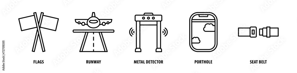 Set of Seat Belt, Porthole, Metal Detector, Runway, Flags icons, a ...
